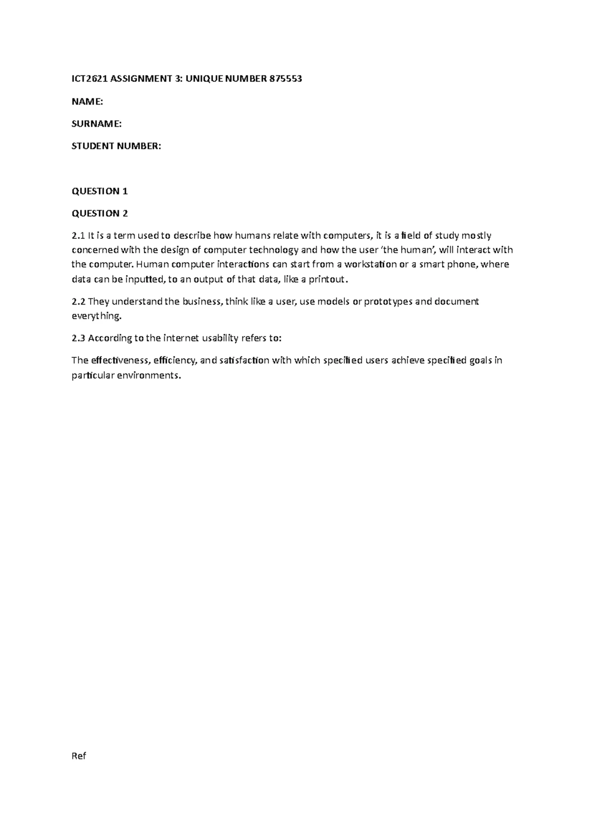 ICT2621 Solution to Assignment 3 - 1 School of computing Solution to Assignment 03 Structured ...