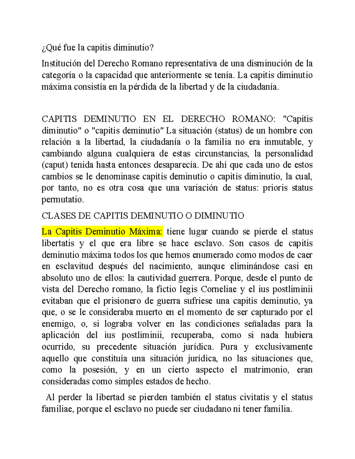 Capitis Diminutio: Análisis y Clases en el Derecho Romano - Studocu