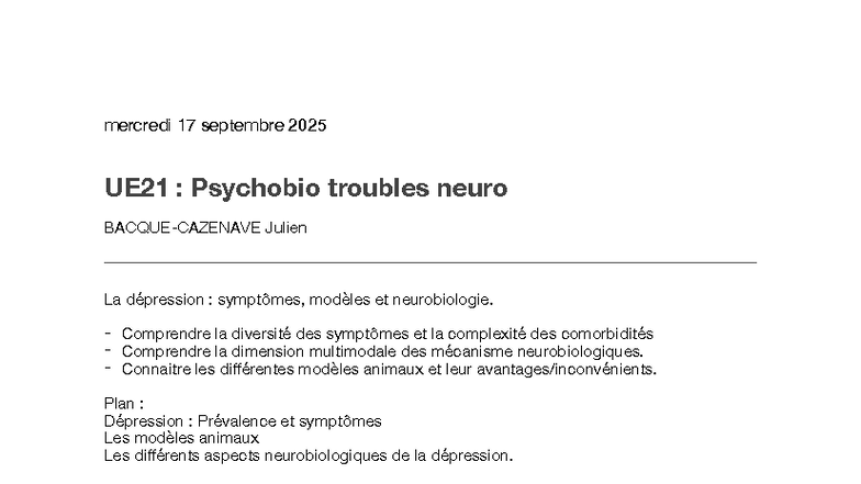 UE21 : Psychobio des Troubles Neuro - La Dépression et ses Modèles ...