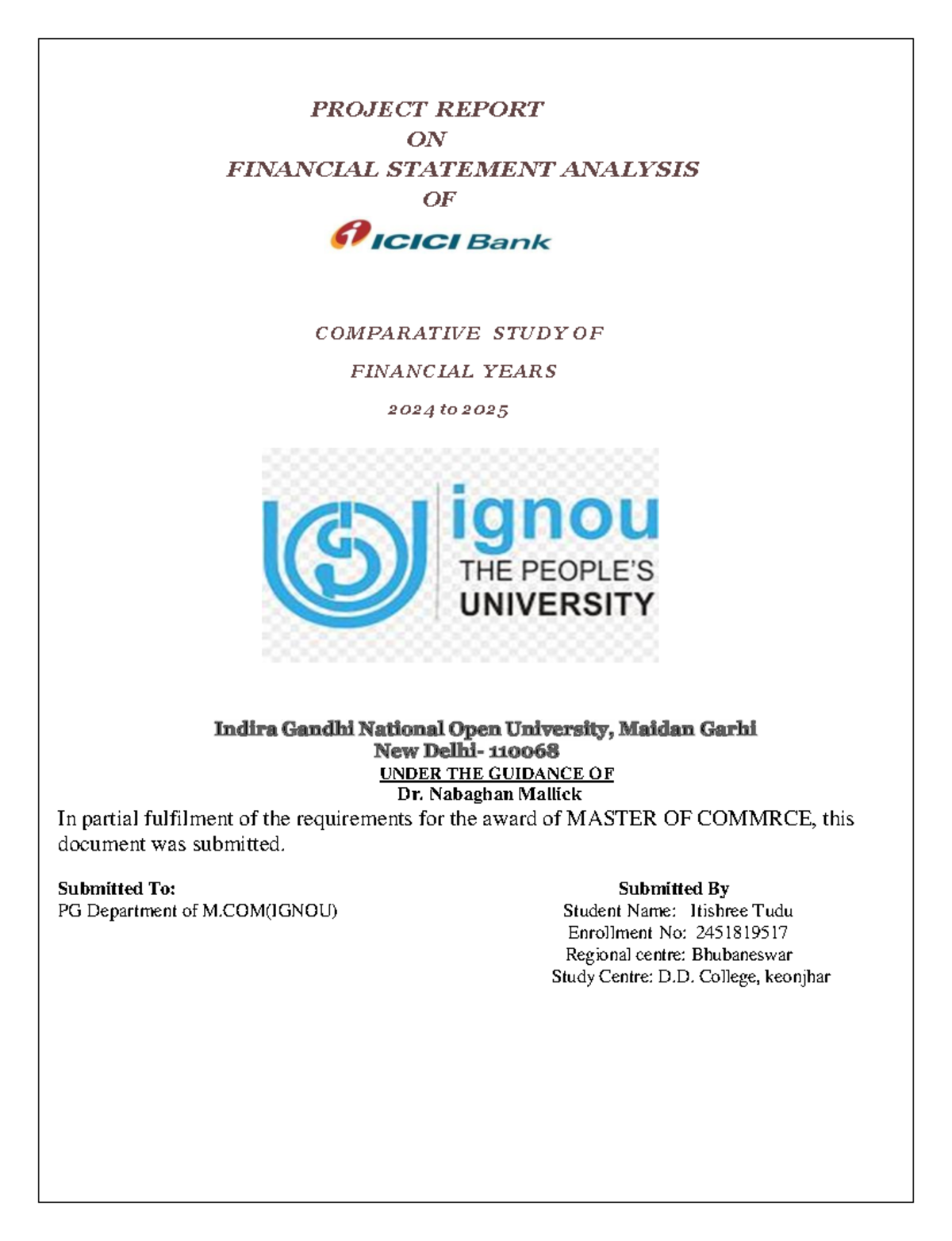 M.COM Project Report: Financial Statement Analysis of ICICI Bank (2024 ...