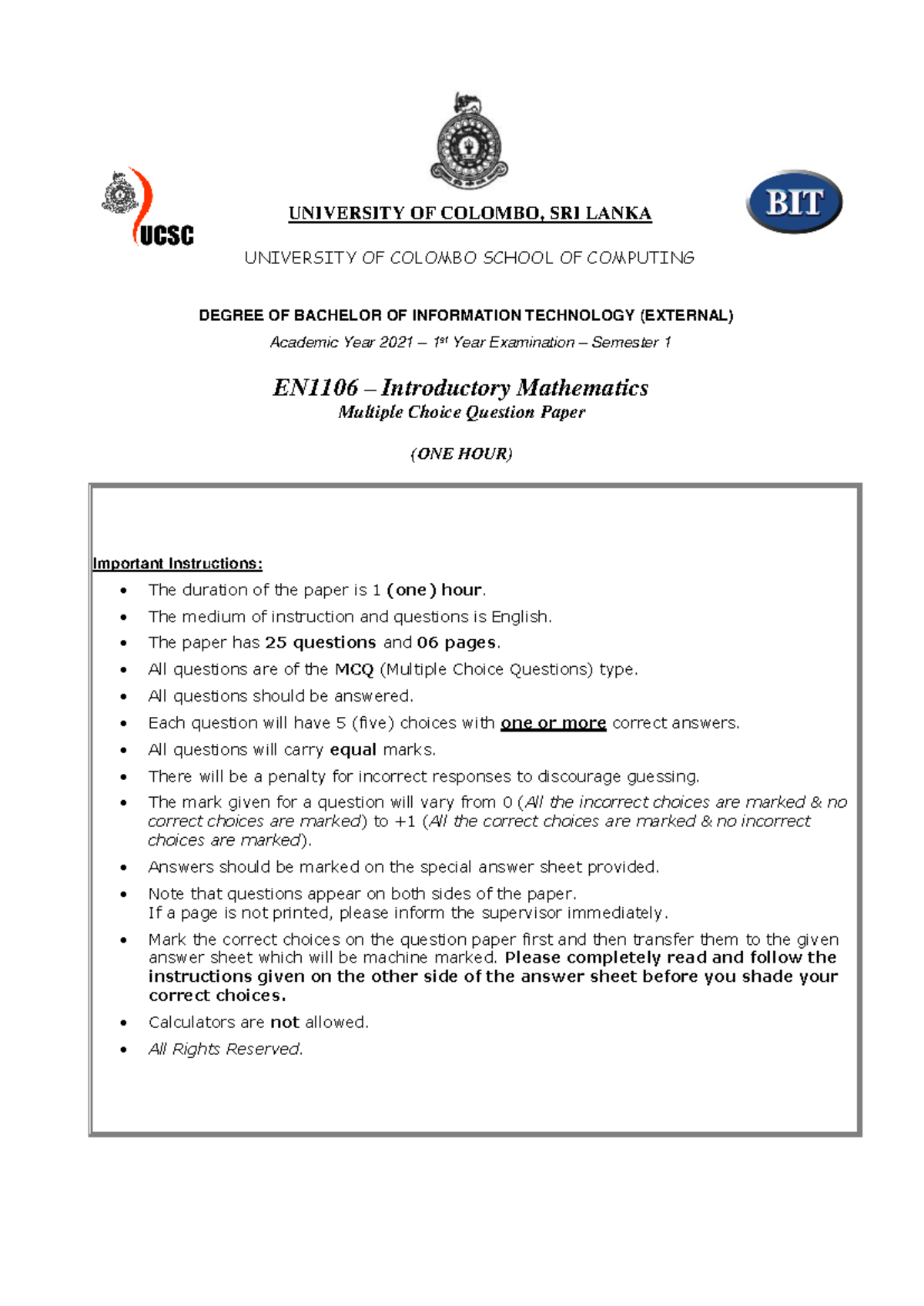 EN1106 2021 - Introductory Mathematics MCQ Question Paper - Studocu