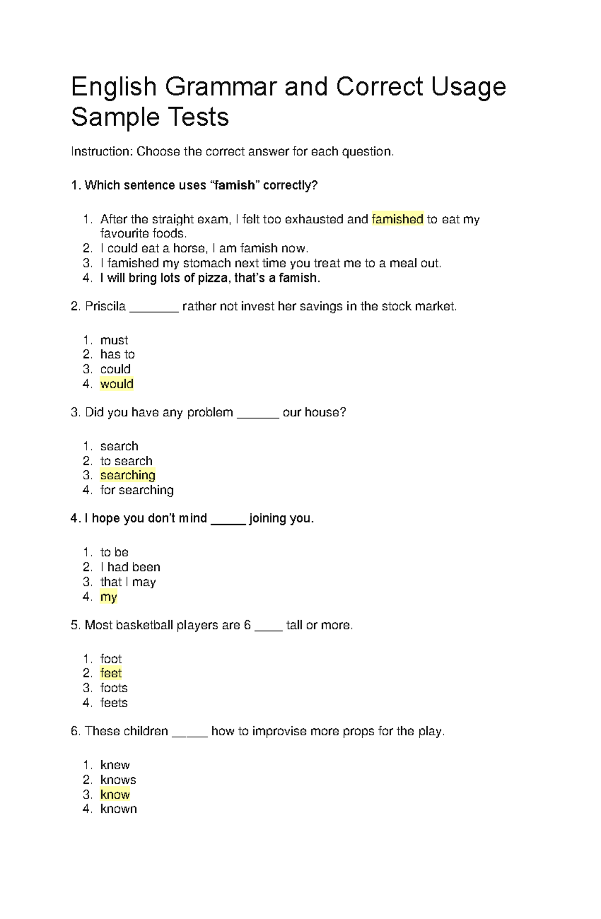 ENG 101: English Grammar & Usage Sample Tests Review - Studocu