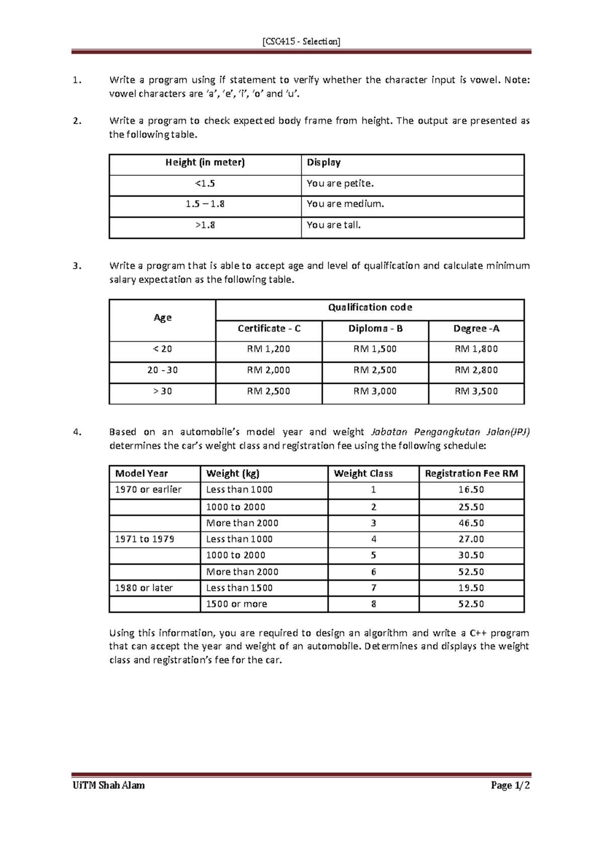 Exercise 4 - Selection Control Structure - [CSC 415 - Selection] UiTM Shah Alam Page 1 / 2 1 ...