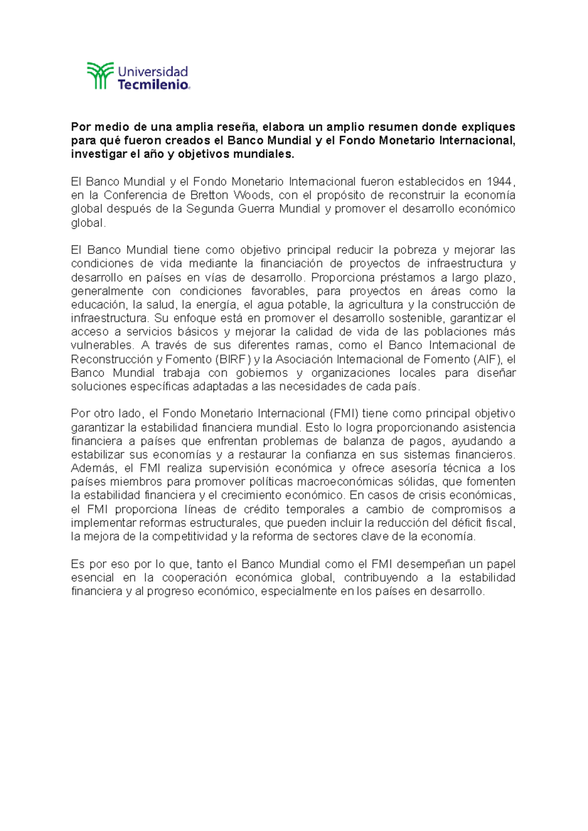 Resumen del Banco Mundial y FMI: Historia y Objetivos Mundiales - Studocu