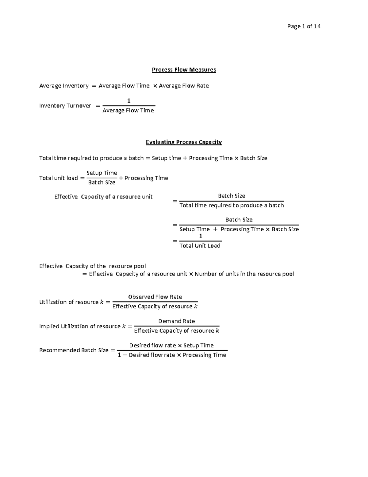 Final Exam Formula Sheet Sections 1-3 - Process Flow Measures Average ...