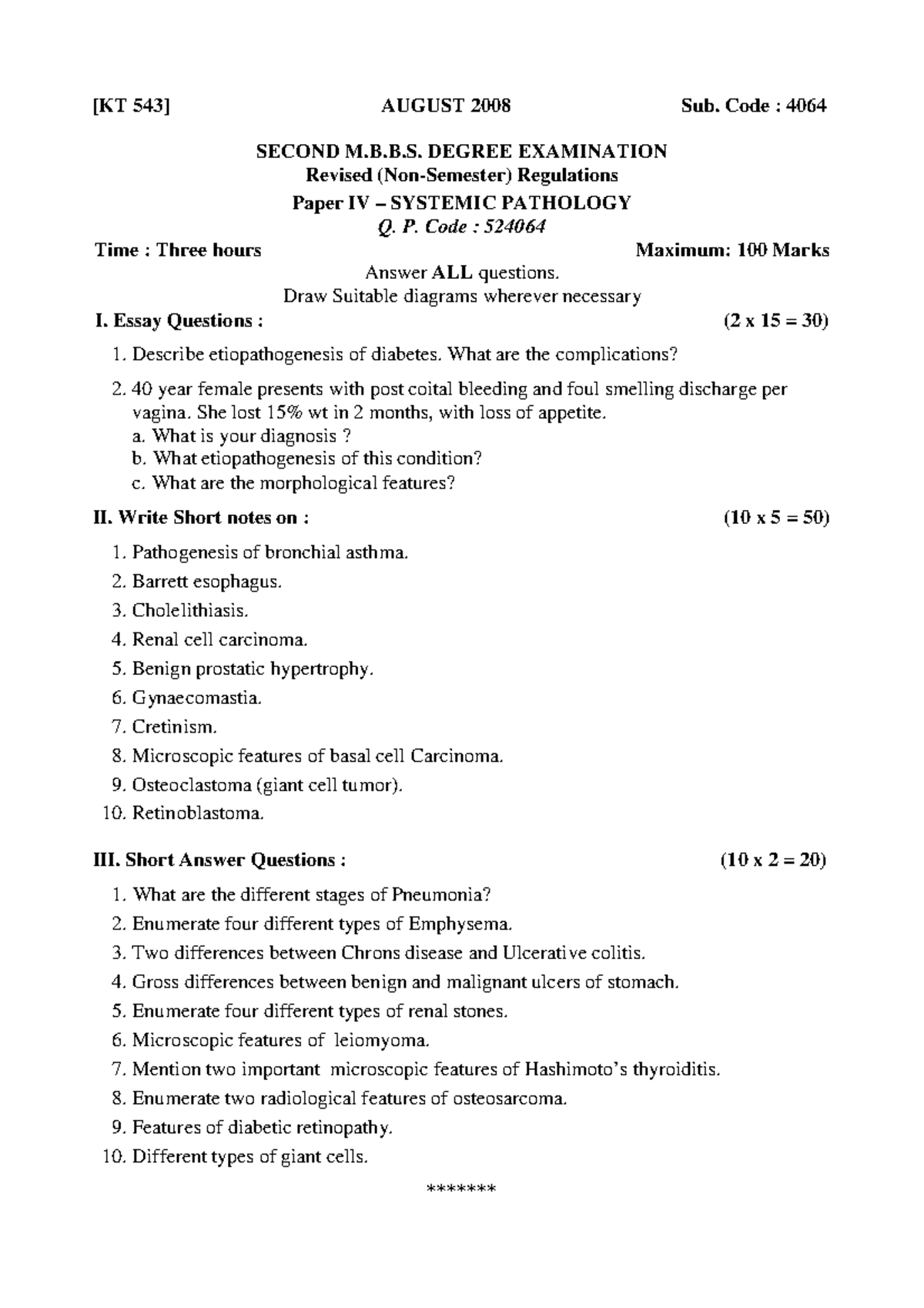 524064 M.B.B.S. SYSTEMIC PATHOLOGY Question Paper - Comprehensive ...