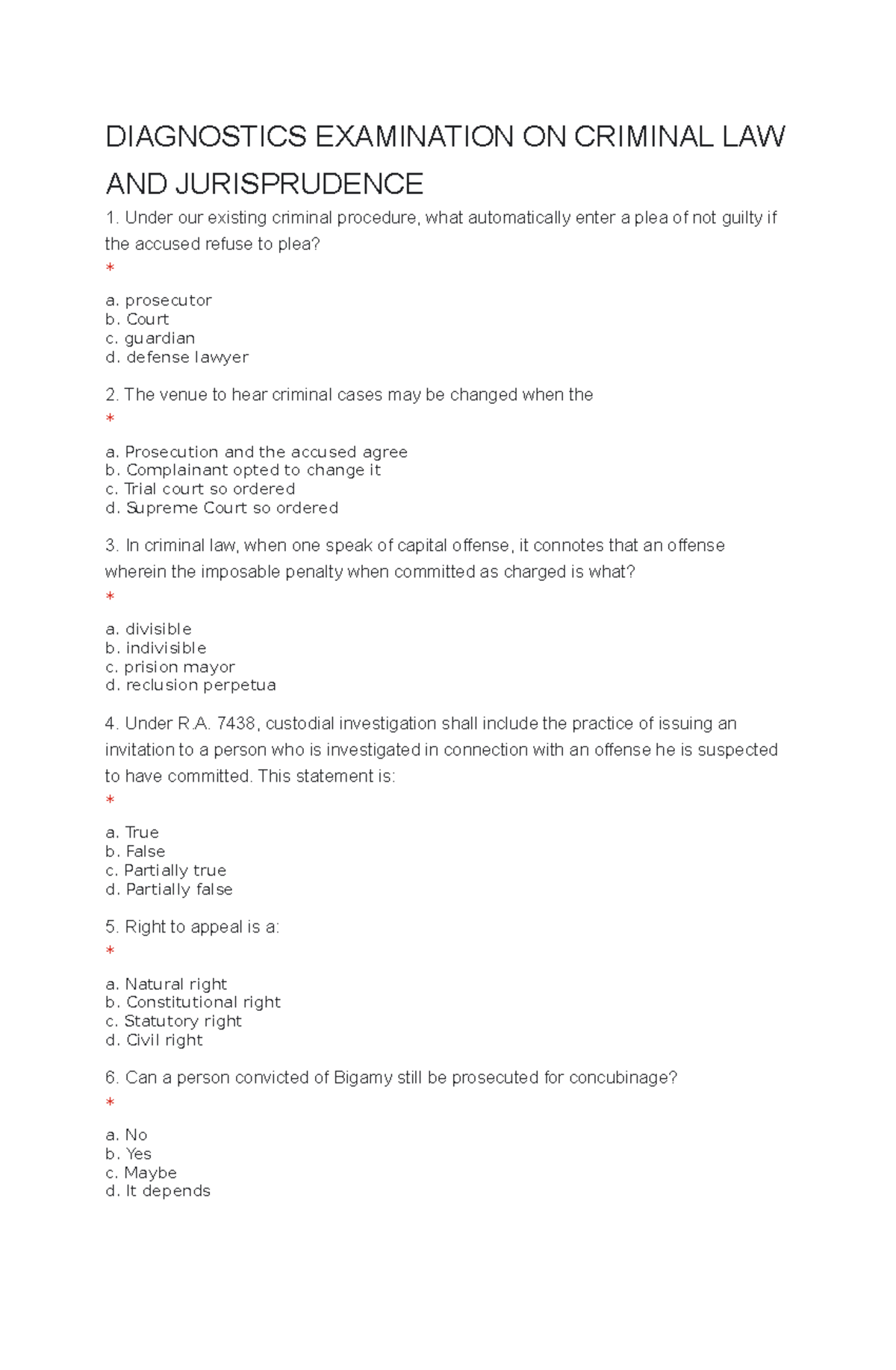 Diagnostic EXAM - Criminal Law & Jurisprudence Practice Questions - Studocu