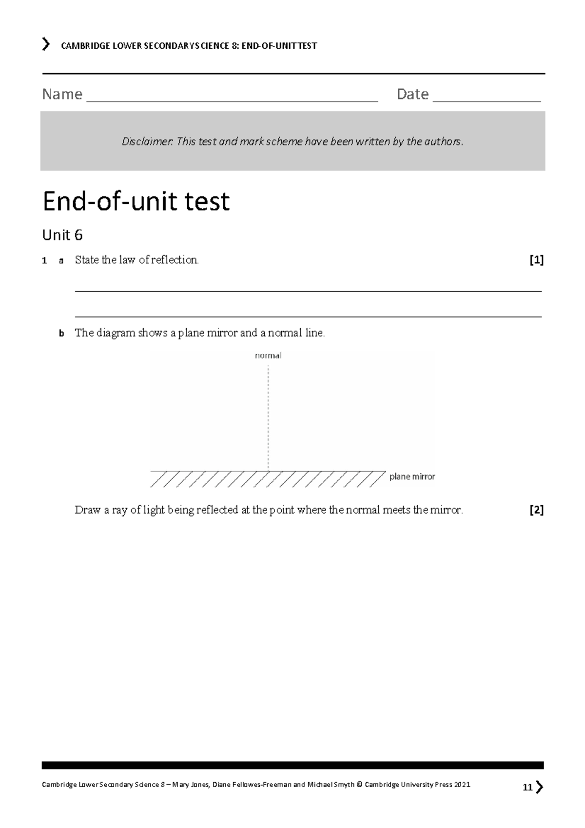 S8 End-of-Unit 6 Test - Laws of Reflection and Mirrors - Studocu