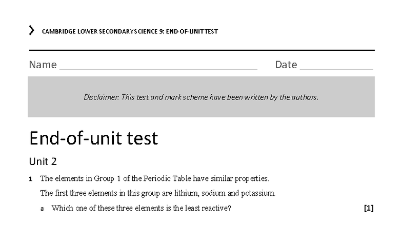S9: End of Unit 2 Test - Cambridge Lower Secondary Science - Studocu