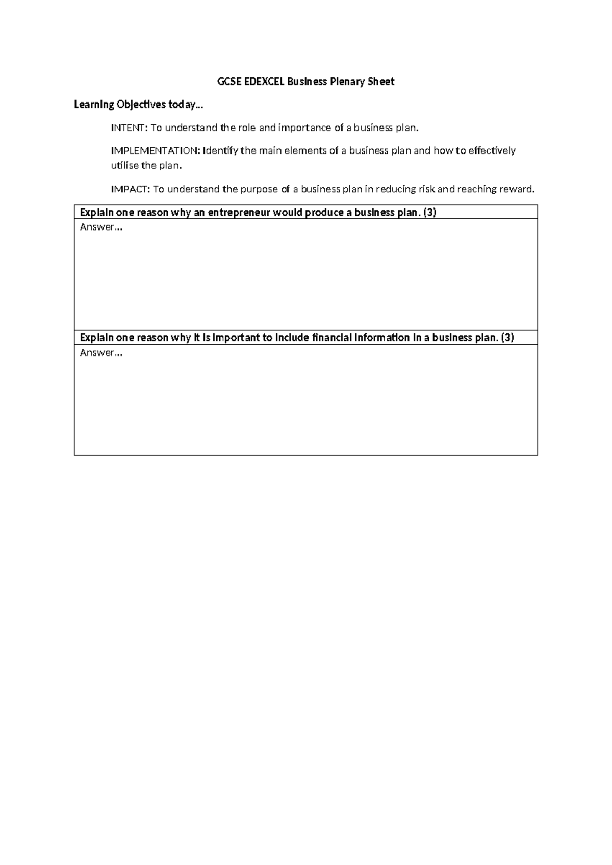 Business Plan PS - idk - GCSE EDEXCEL Business Plenary Sheet Learning ...