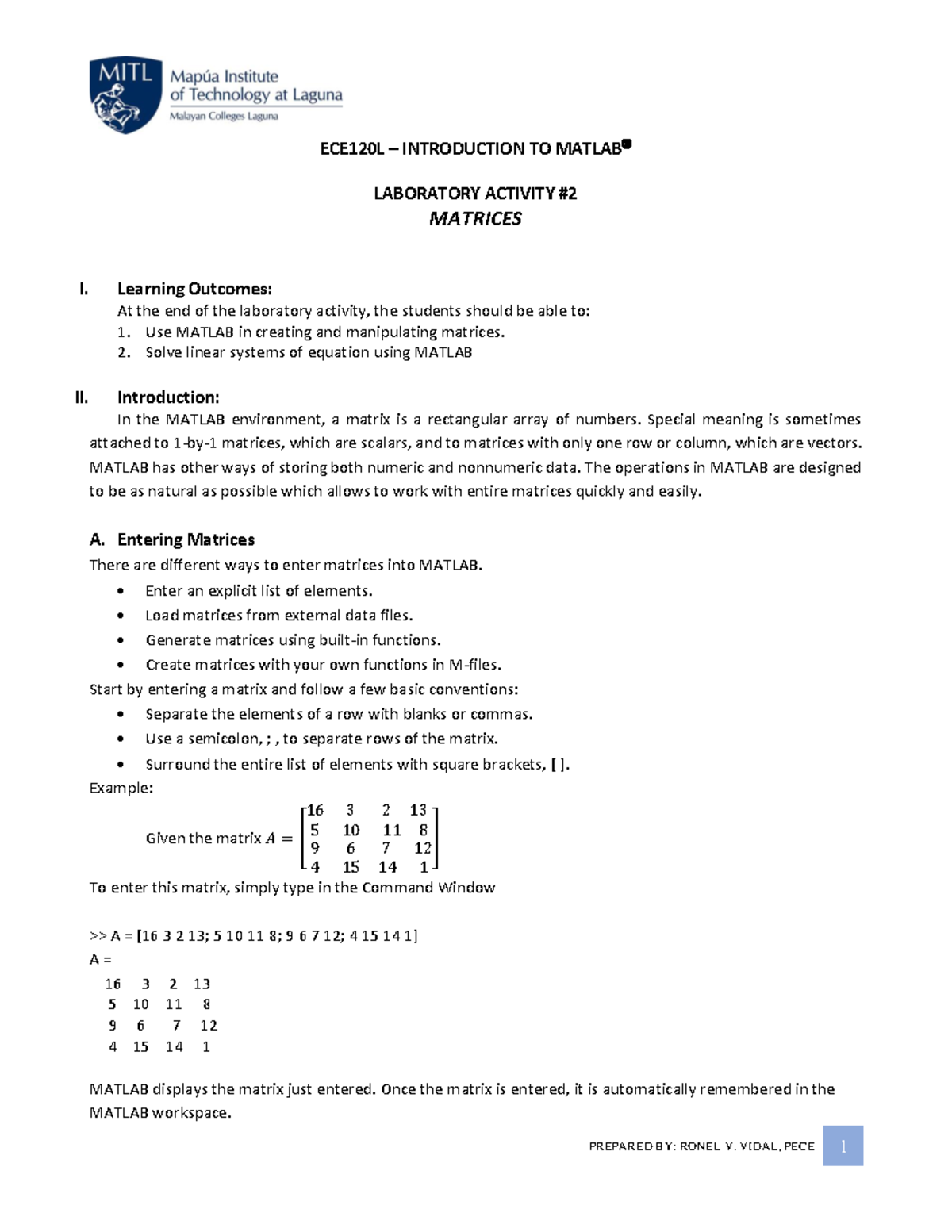 ECE120L: INTRODUCTION TO MATLAB - ACTIVITY 2: MATRICES - ECE120L – INTRODUCTION TO MATLAB - Studocu