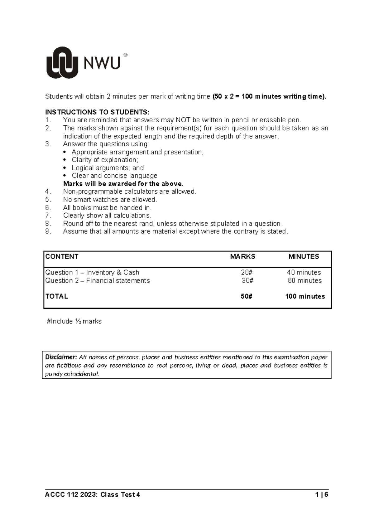 ACCC 112 Class Test 4: Writing Time Instructions & Financial Analysis ...