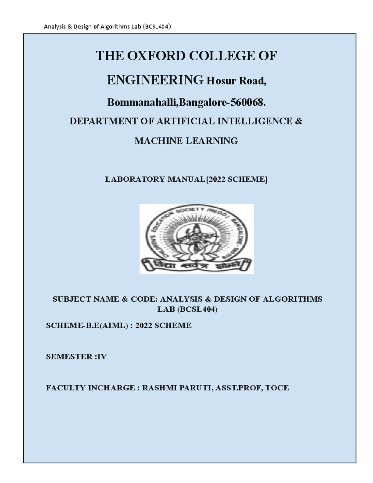 Analysis & Design of Algorithms Lab Manual (BCSL404) - 2022 Scheme ...