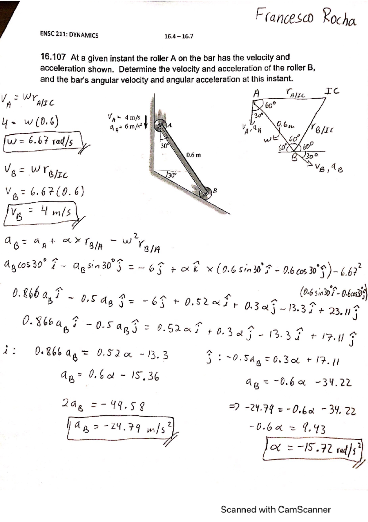 ENSC 211: Dynamics Problem Set #6 - Velocity & Acceleration Analysis - Studocu