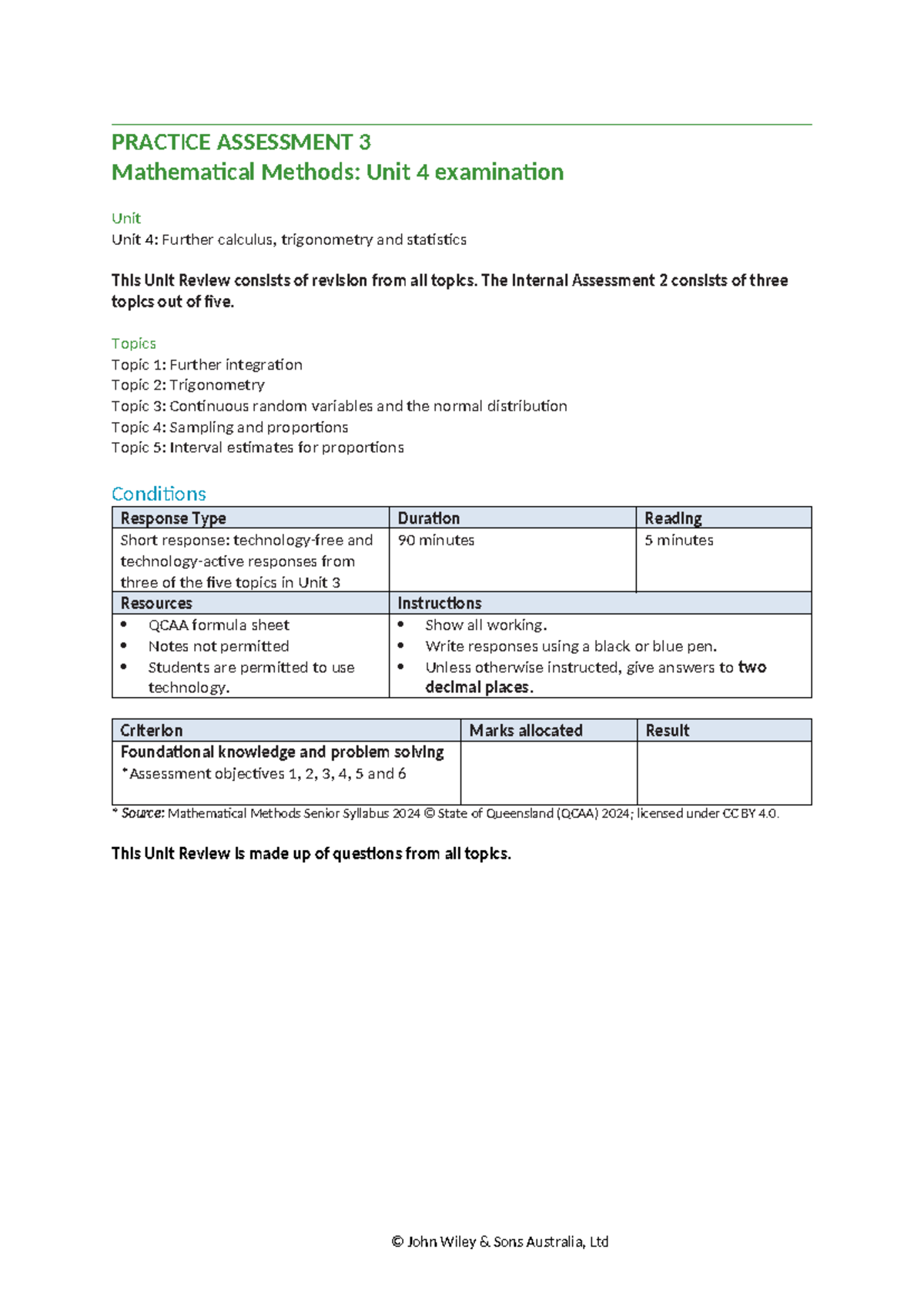 Mathematical Methods (Unit 4) Practice Assessment 3: Further Calculus ...