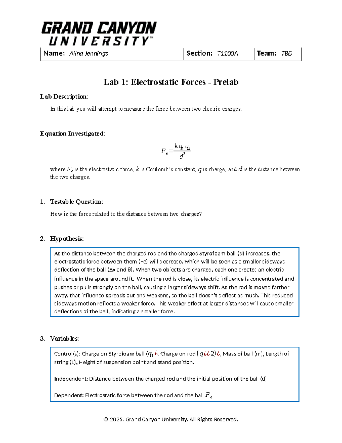 PHY112L - Lab 1 Prelab: Investigating Electrostatic Forces - Studocu