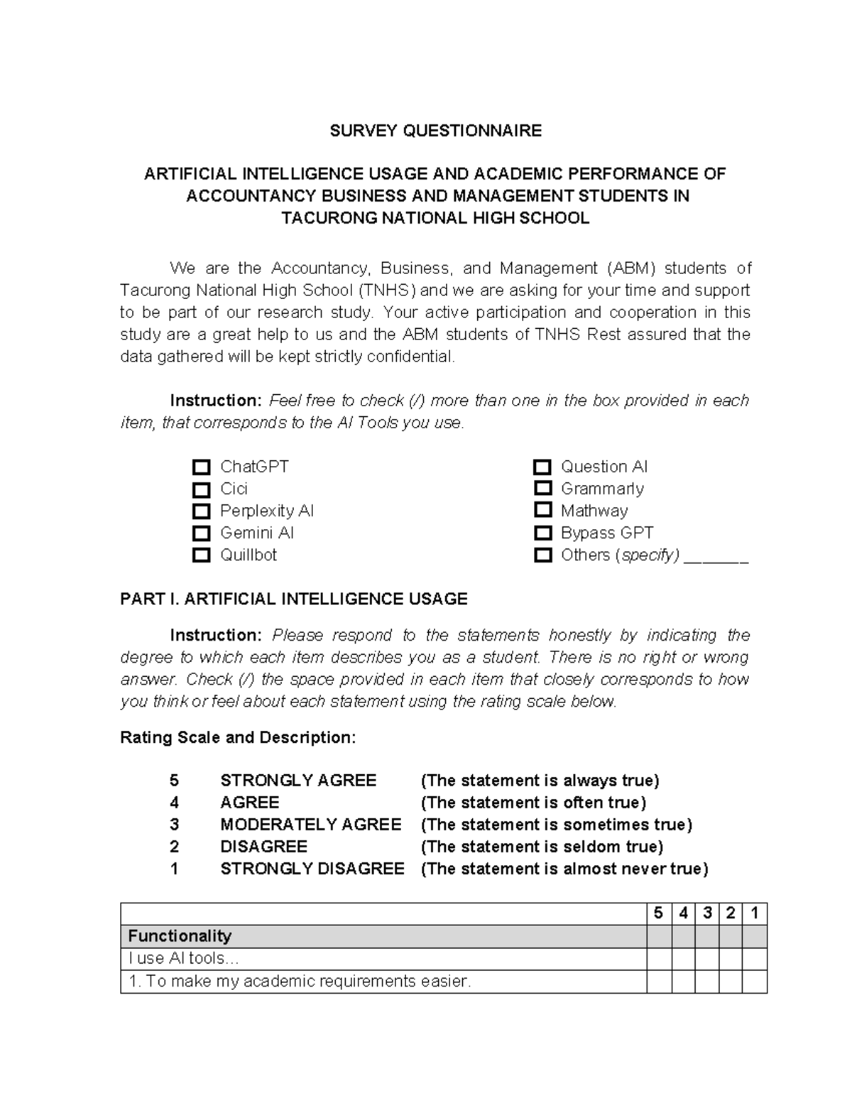 AI Usage and Academic Performance of ABM Students at TNHS: Survey ...