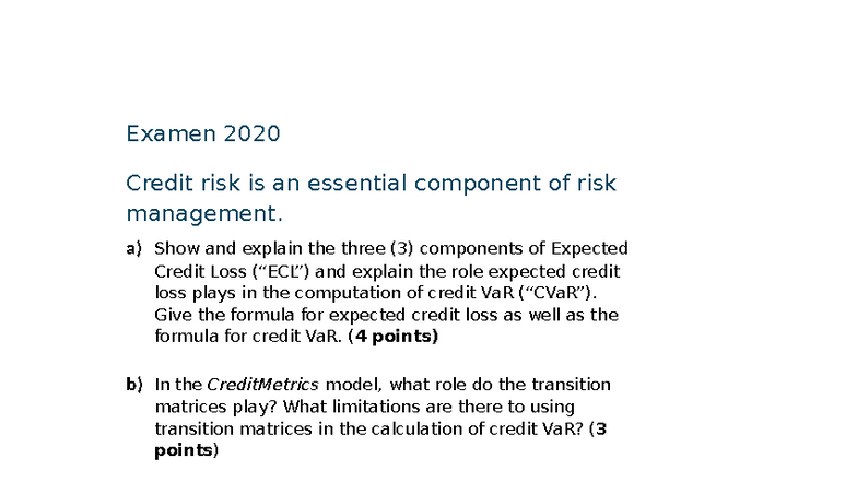 Examen 2020: Credit Risk Management and VaR Calculations - Studocu
