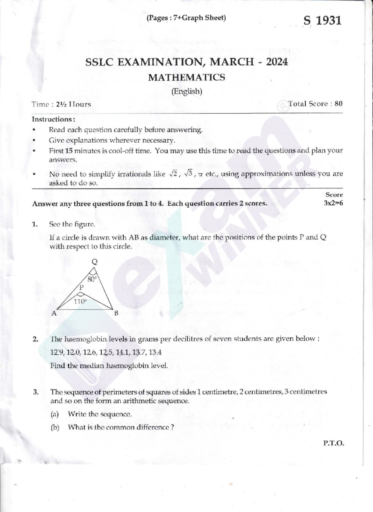 SSLC EXAM MARCH 2024 MATHEMATICS QUESTION PAPER - Studocu