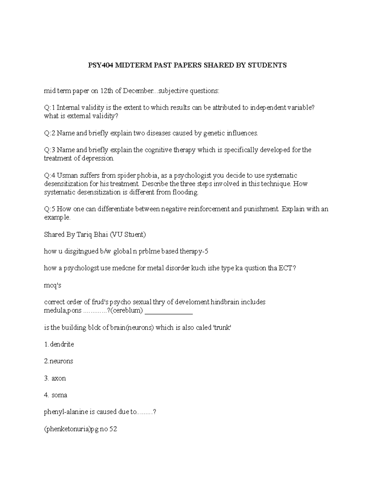 PSY404 Midterm Past Papers Compilation for Students' Review - Studocu