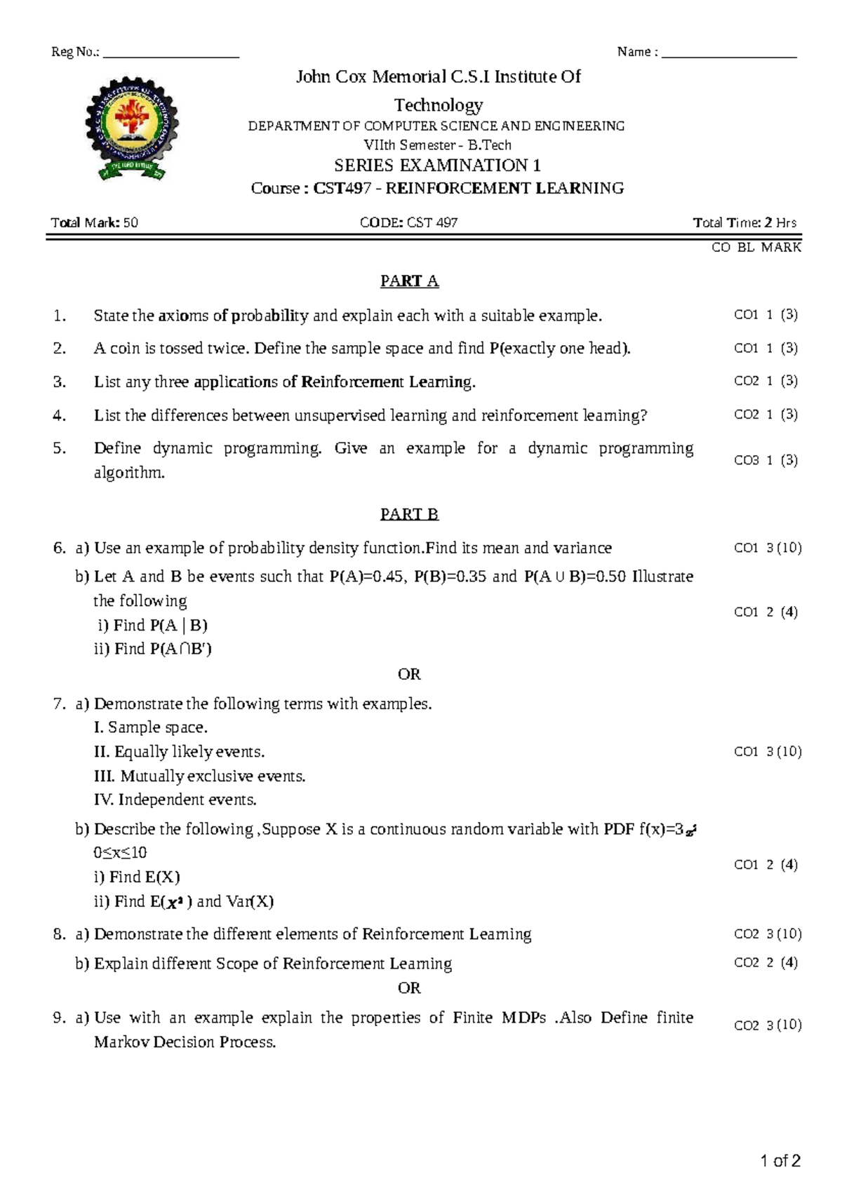 CST497 VII Sem B.Tech Series I Exam: Reinforcement Learning Questions ...