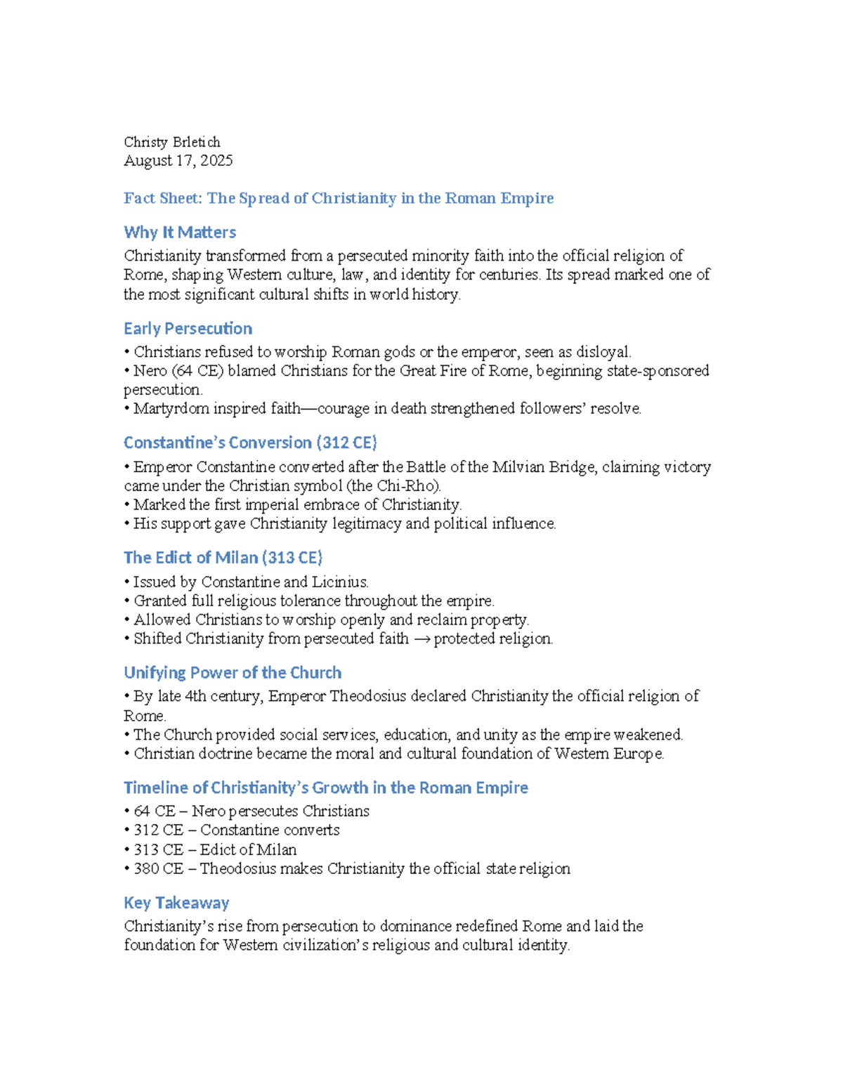 Fact Sheet: The Rise of Christianity in the Roman Empire - Studocu