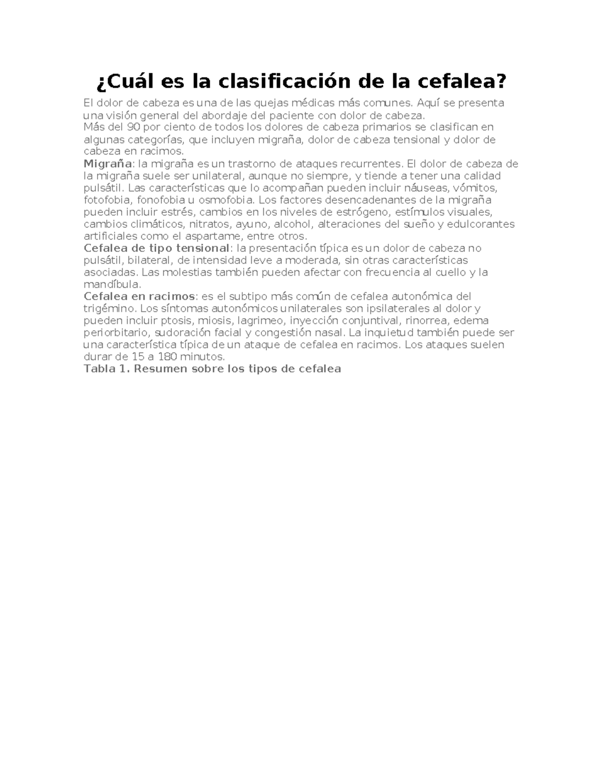 Clasificación De La Cefalea Tipos Y Tratamientos 2023 Studocu