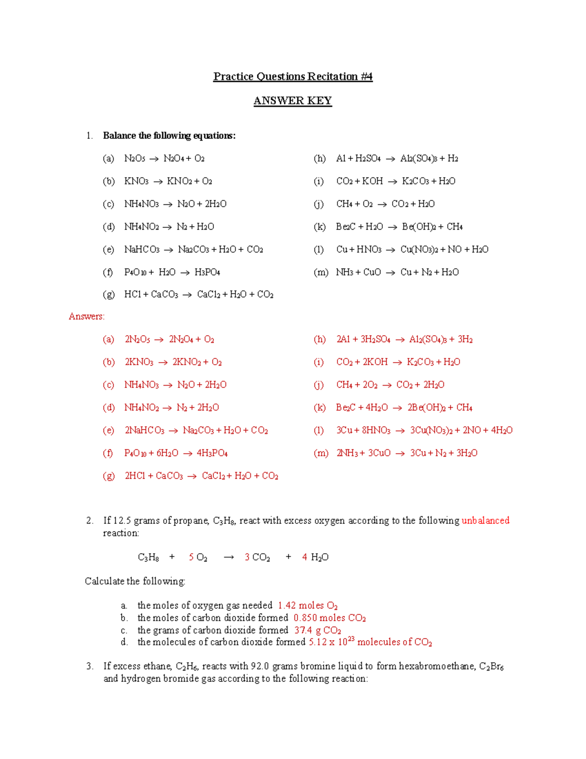 Recitation 4 Answers - practice problems - Practice Questions Recitation ANSWER KEY Balance the ...
