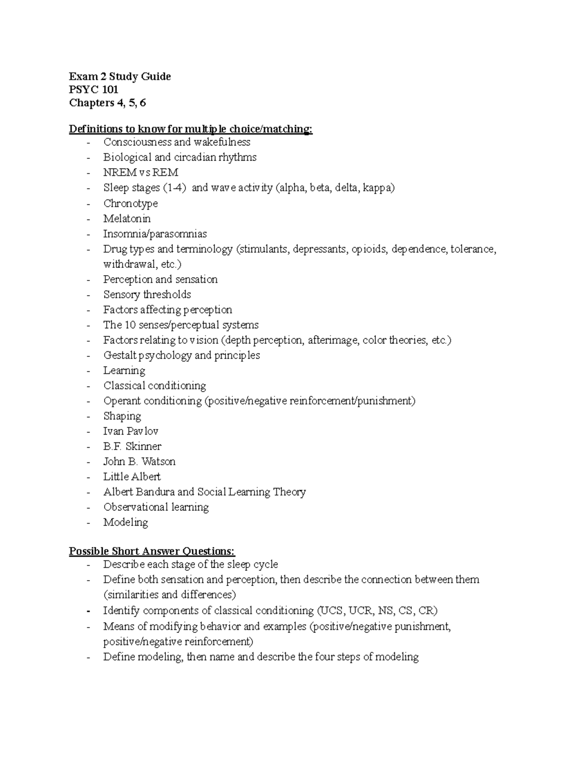 PSYC 101 Exam 2 Study Guide: Key Concepts from Chapters 4-6 - Studocu