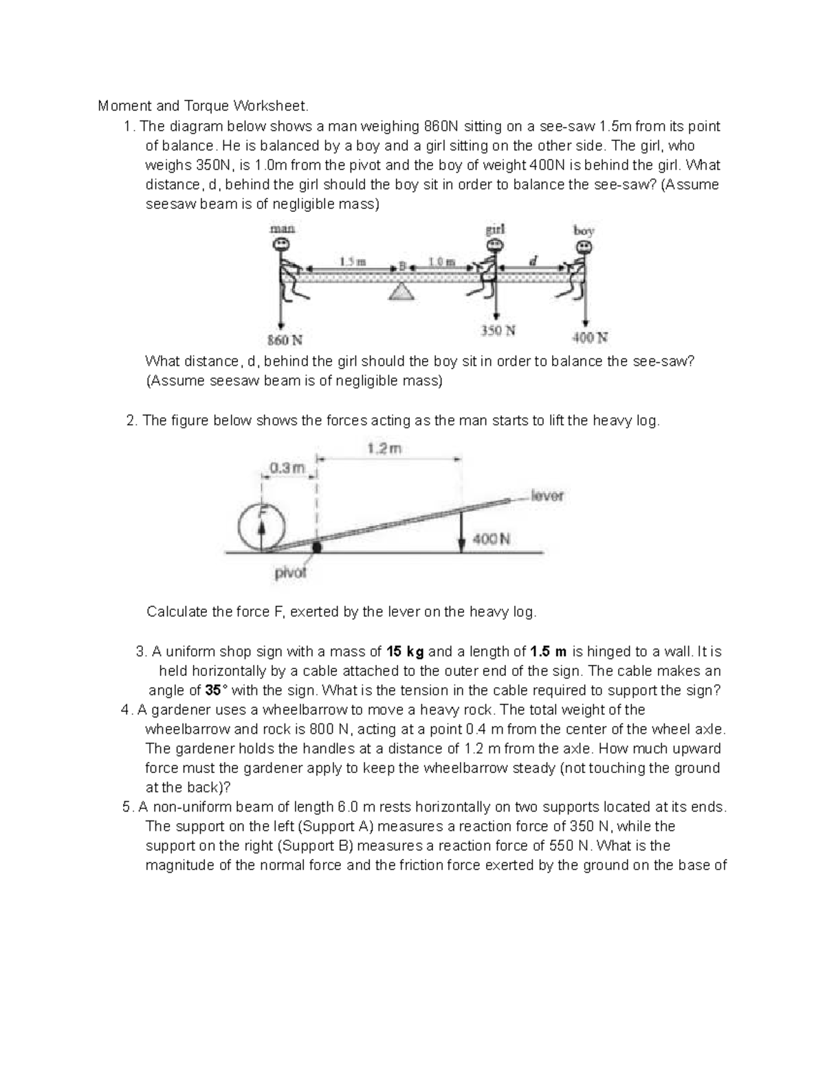 Moment and Torque Worksheet: Balancing Forces and Calculations - Studocu