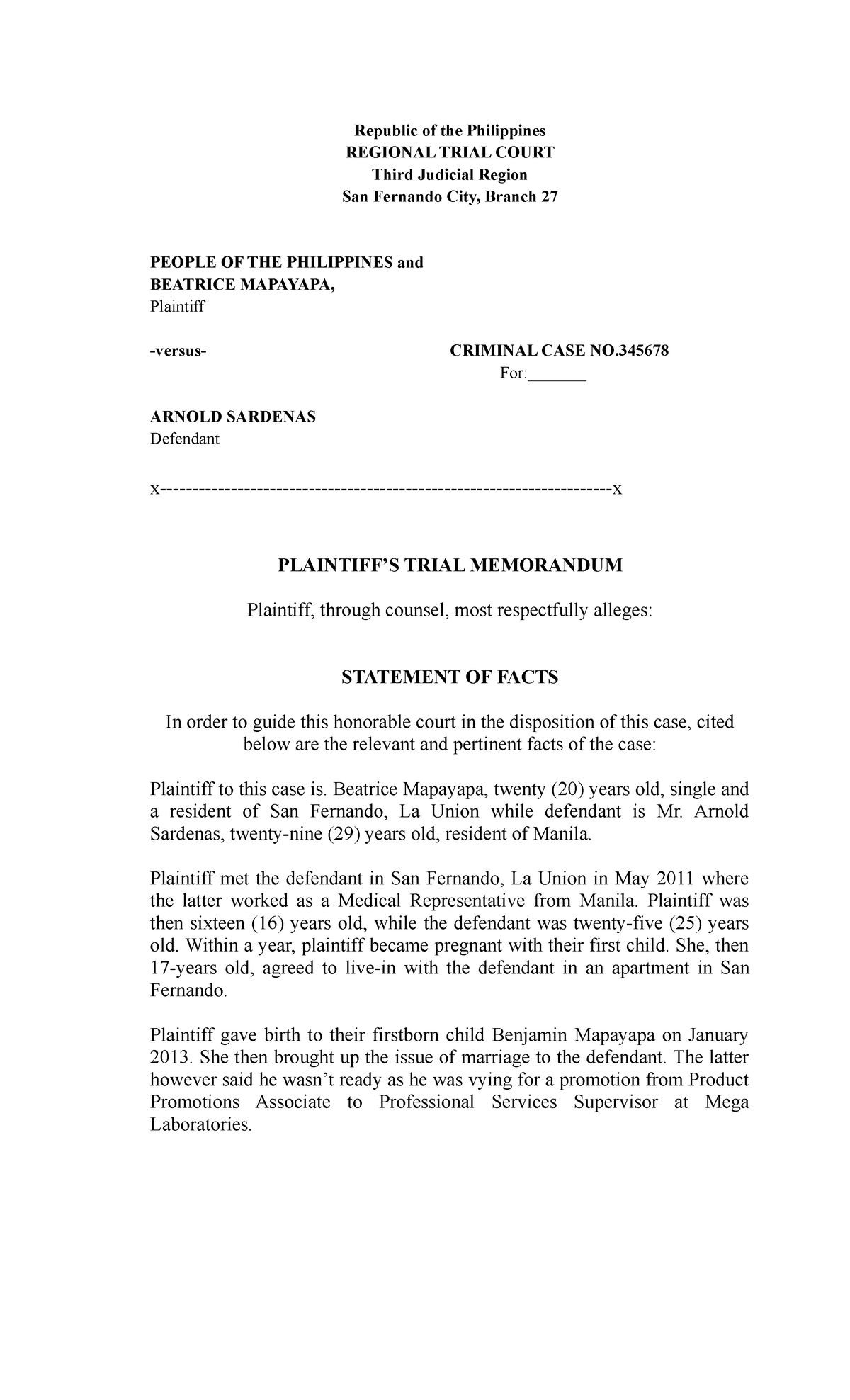 Trial MEMO: People of the Philippines vs. Arnold Sardenas - Studocu