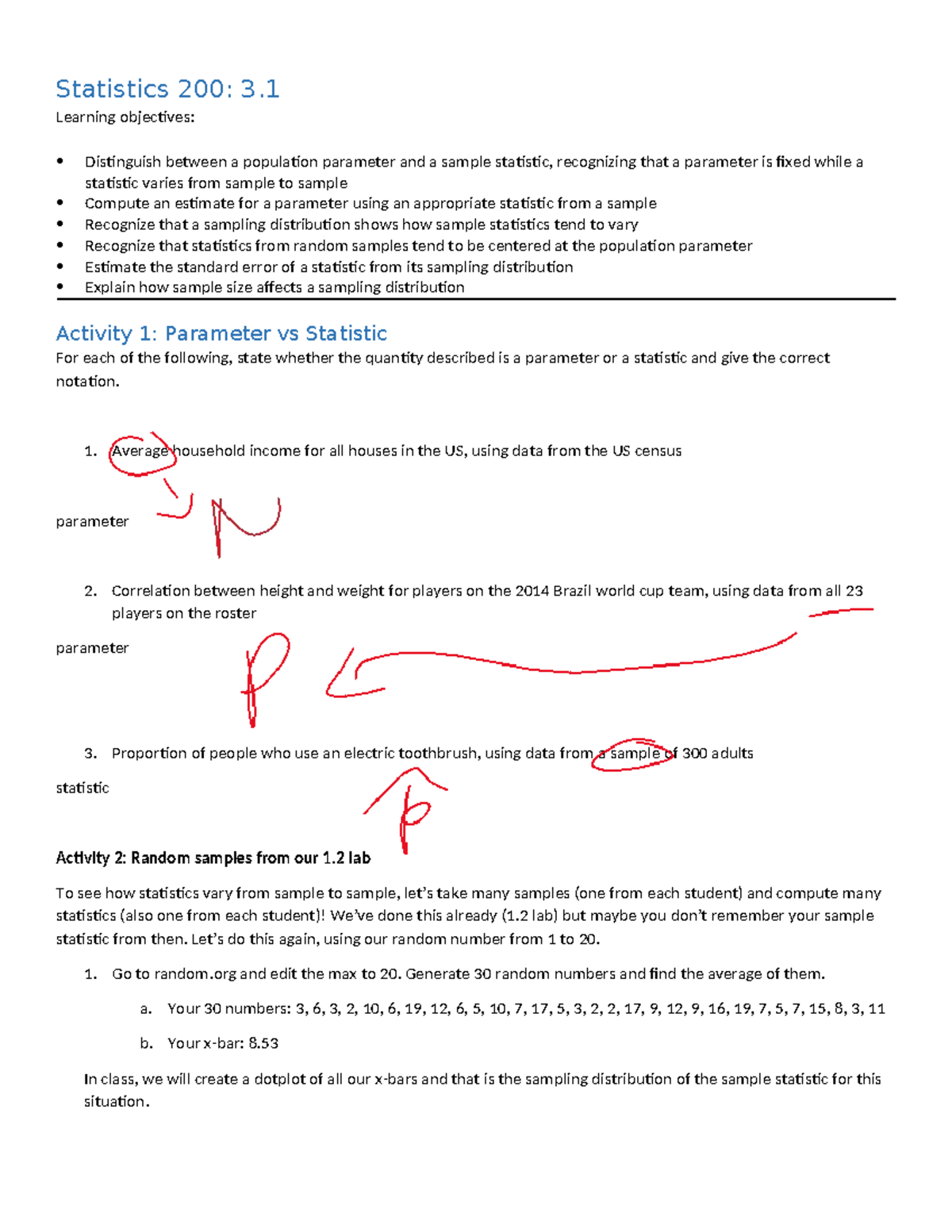 Statistics 200: Population Parameters vs Sample Statistics Inference ...