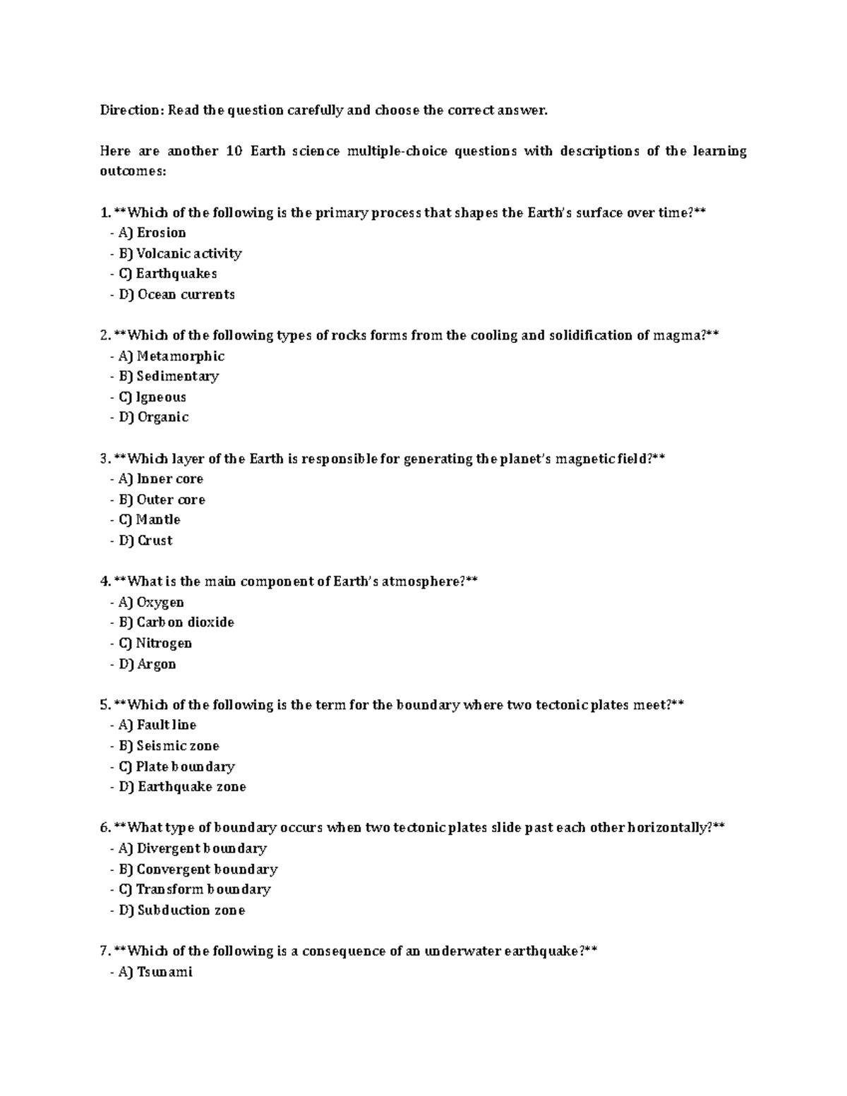 ERT17 - Earth Science Quiz: Key Concepts and Learning Outcomes - Studocu