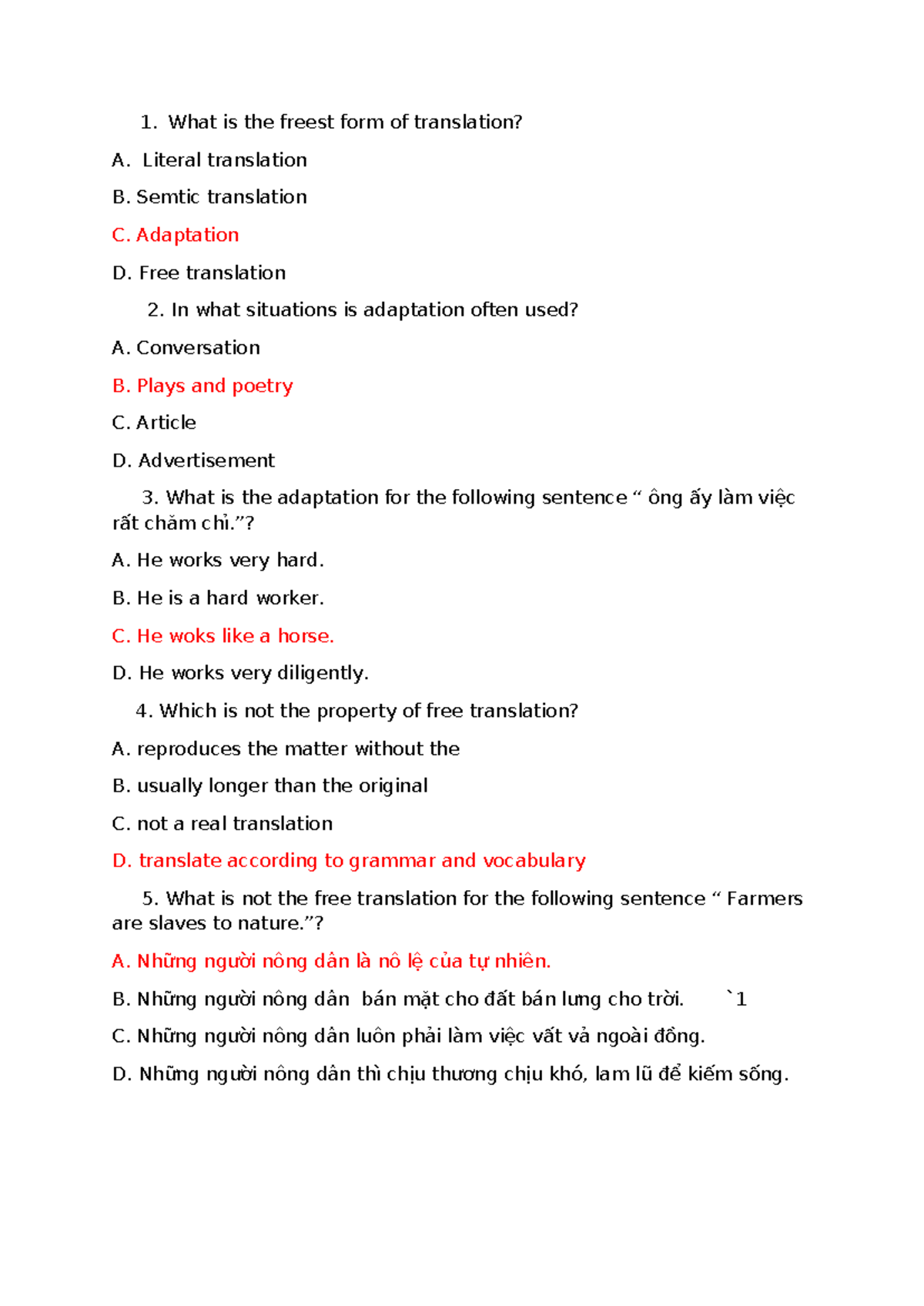 Adaptation and Free Translation: Quiz Notes for Language Study - Studocu