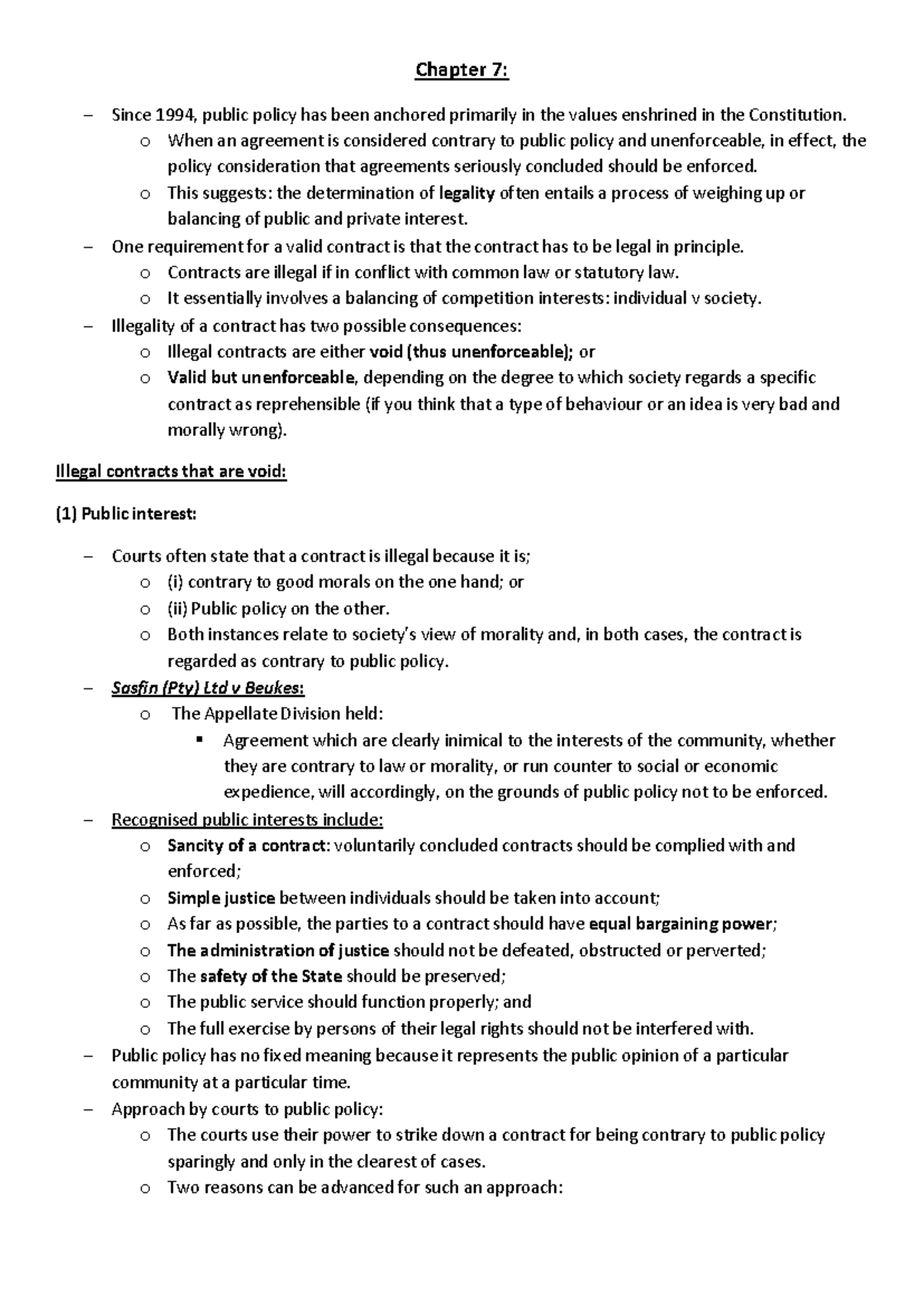 Chapter 7: Public Policy and Contract Legality in Law - Studocu