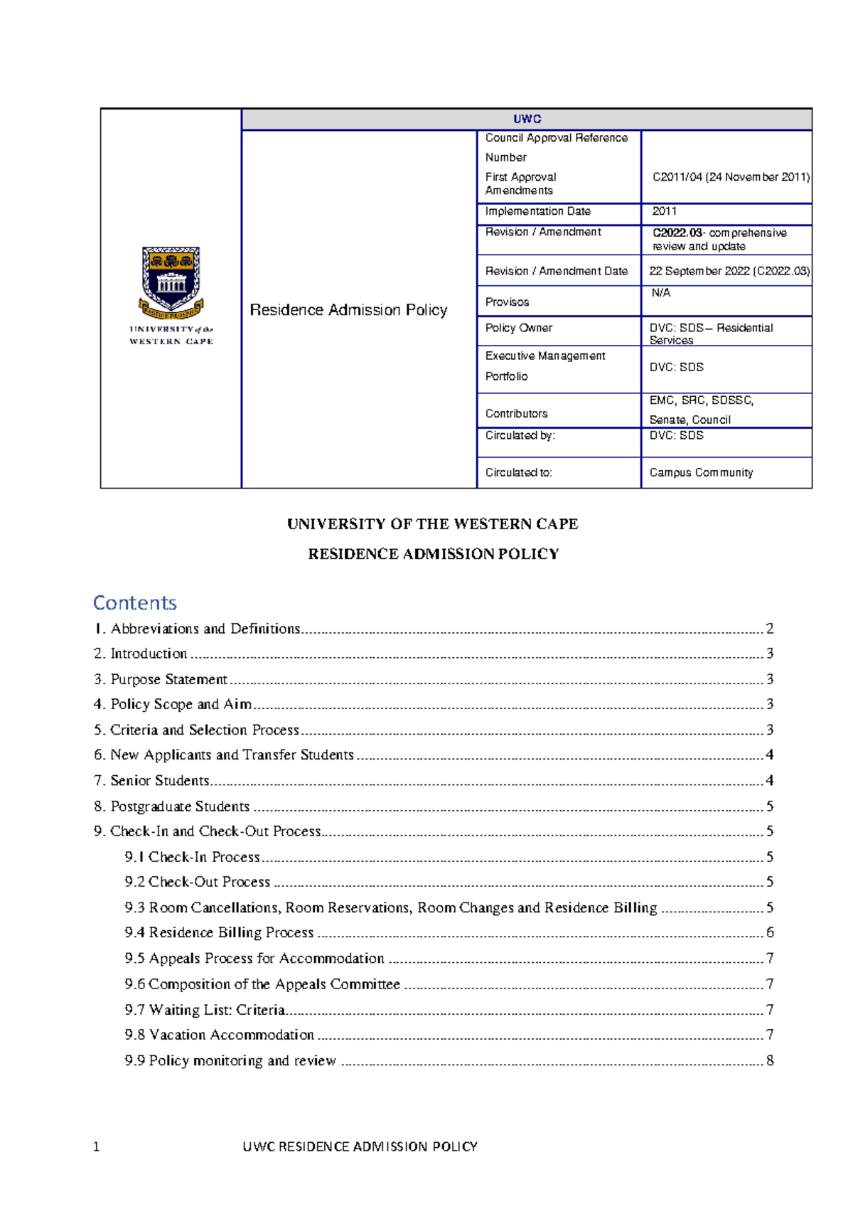 UWC Residence Admission Policy Revision C2022-03 F Overview - Studocu