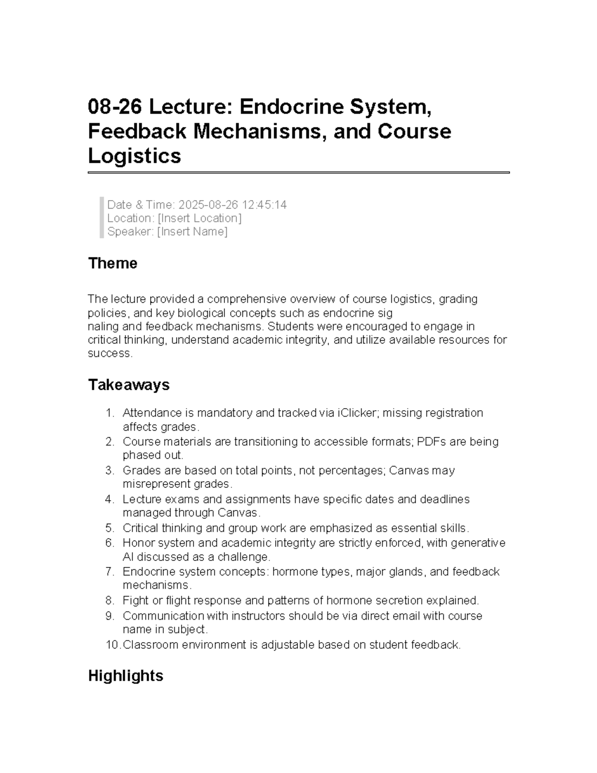 Bio 320 Lecture: Endocrine System & Feedback Mechanisms Overview - Studocu