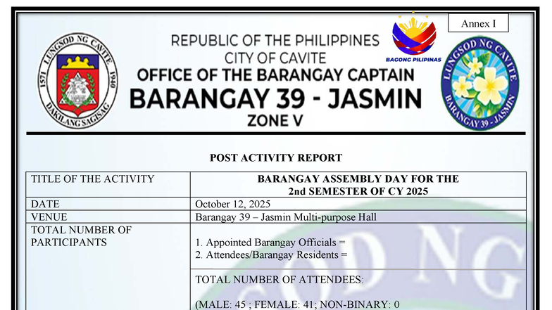 Annex I: Barangay Assembly Day Report - October 12, 2025 - Studocu