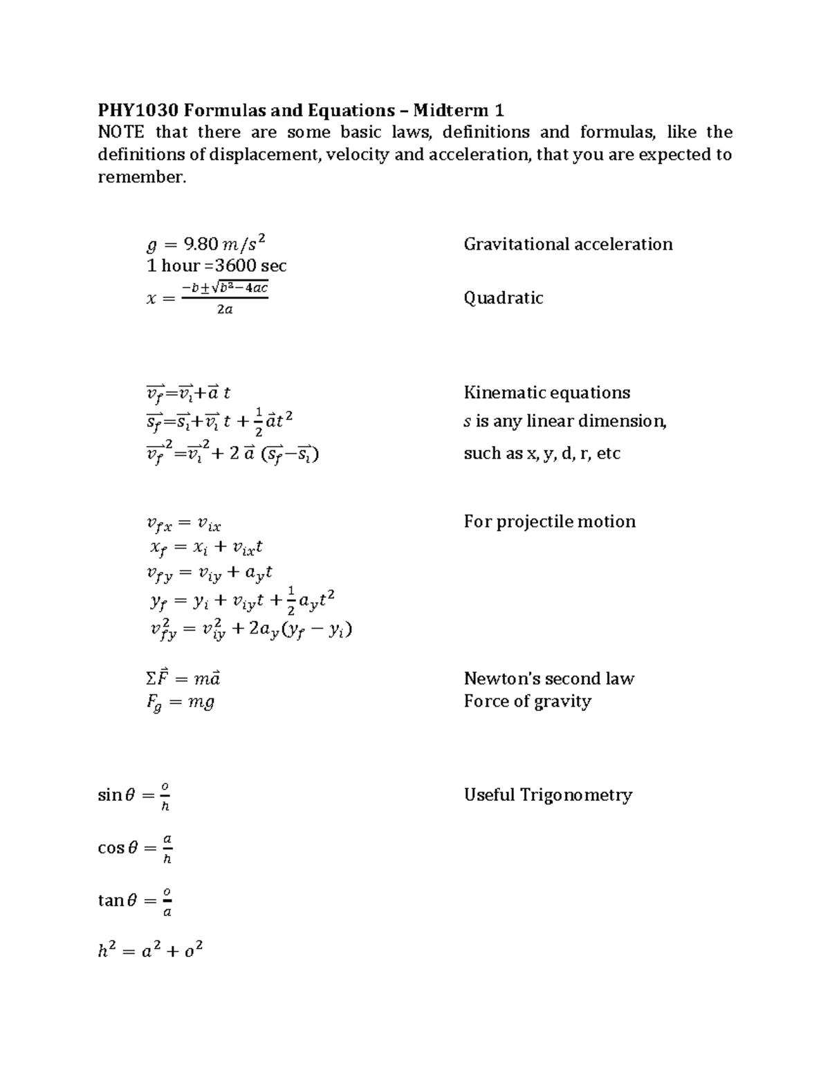 Formula sheet - PHY1030 Formulas and Equations – Midterm 1 NOTE that ...