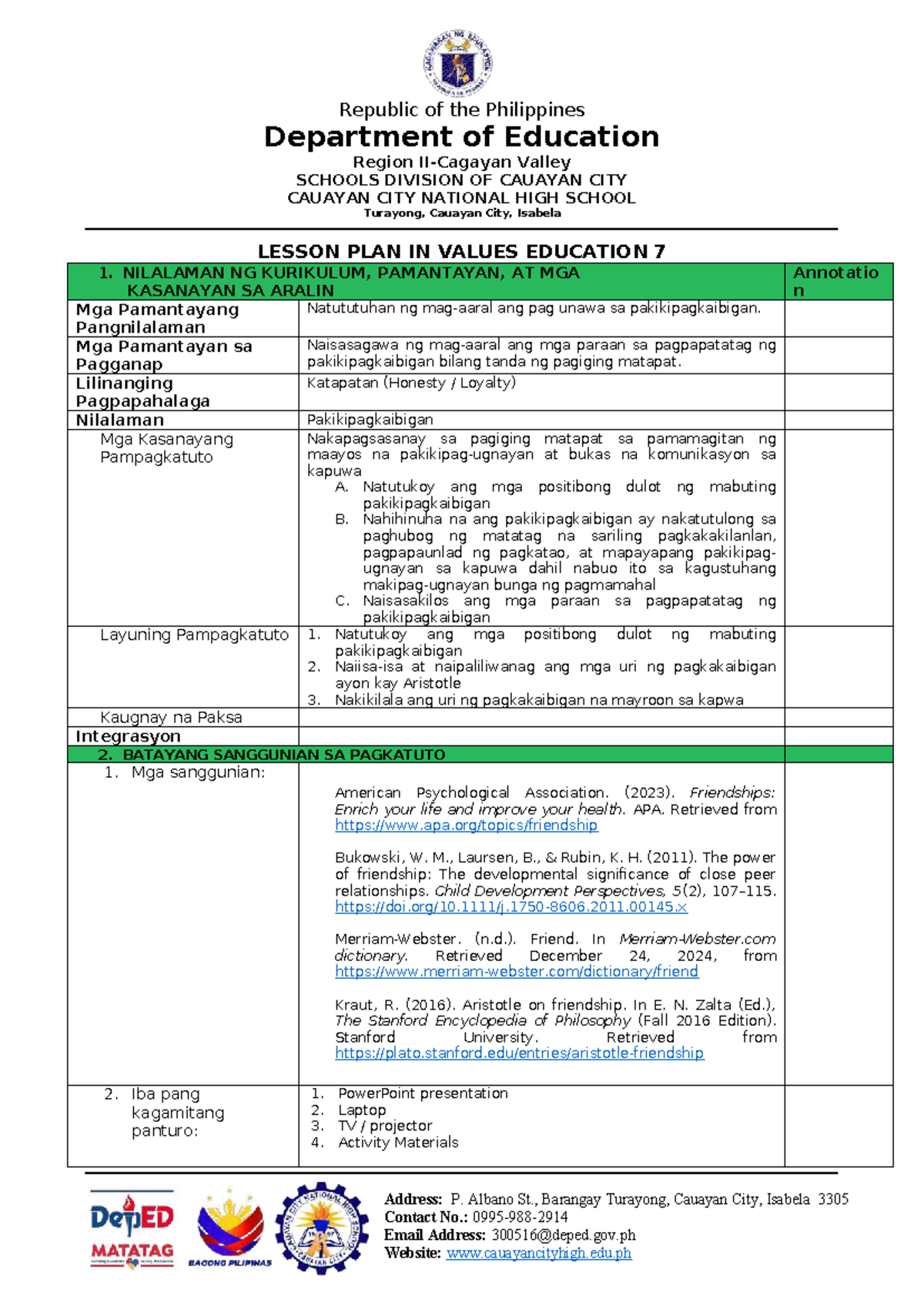 Lesson Plan in Values Education 7: Understanding Friendship (CO 1 - COT ...