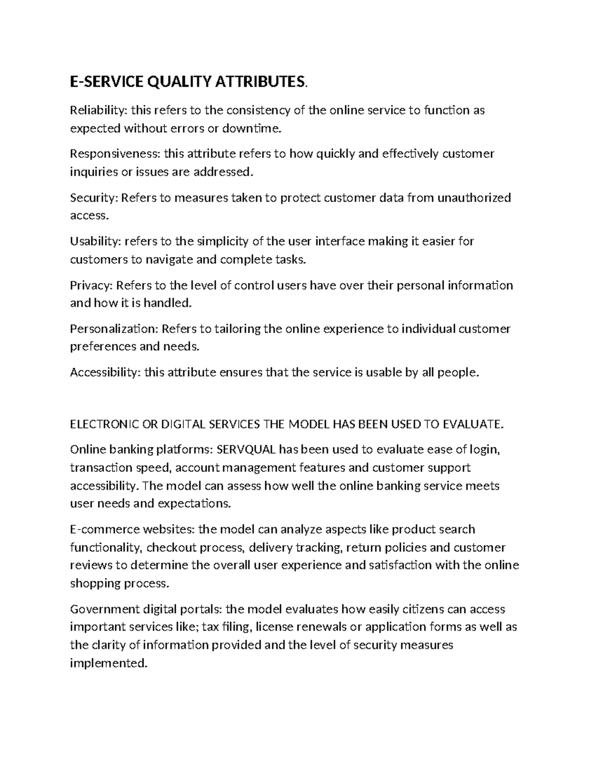 E-services assignment 1 - E-SERVICE QUALITY ATTRIBUTES. Reliability ...