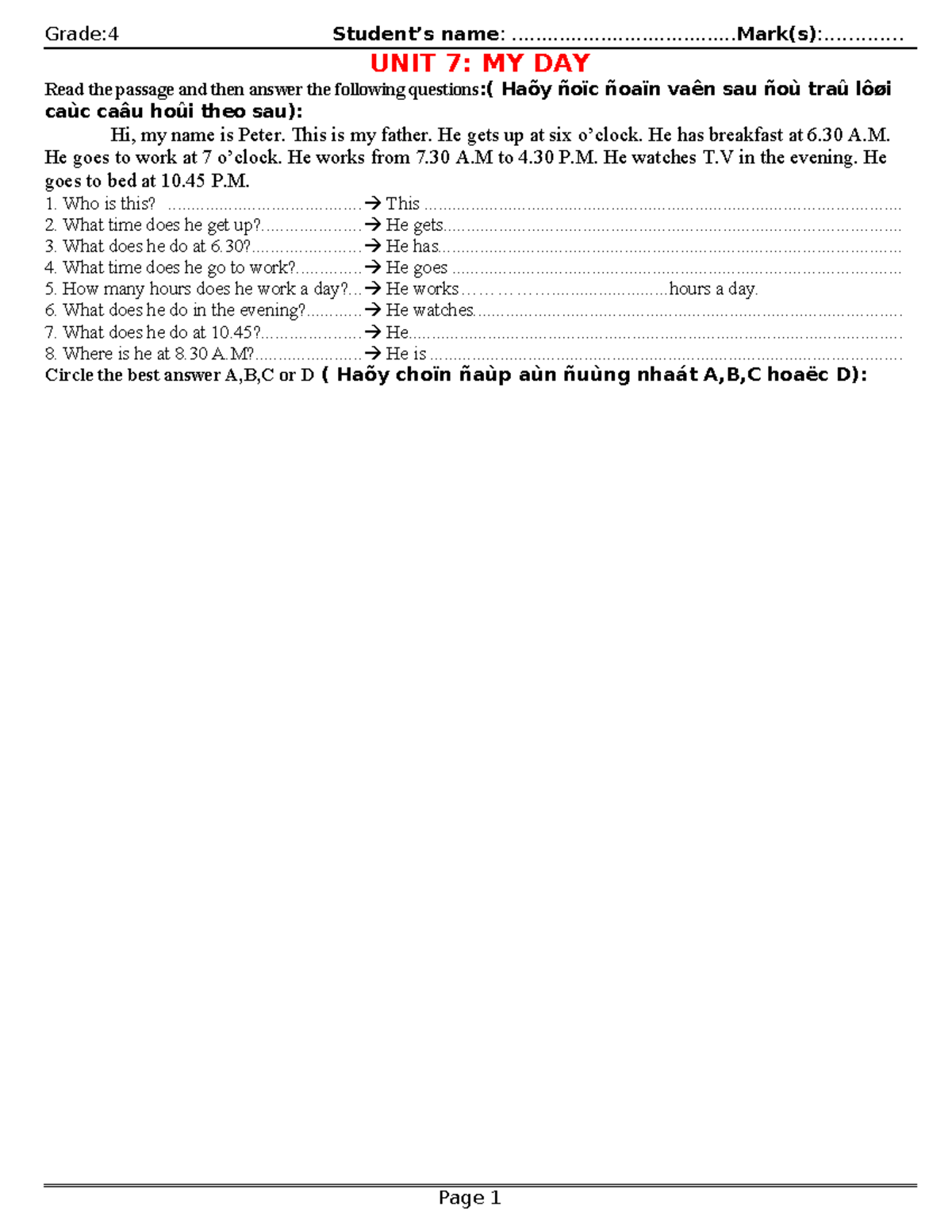 UNIT 7: MY DAY - Reading Comprehension Questions for Grade 4 - Studocu