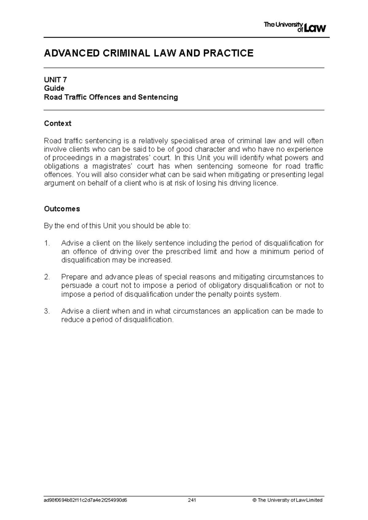 Advanced Criminal Law (Unit 7): Workshop on Road Traffic Offences - Studocu