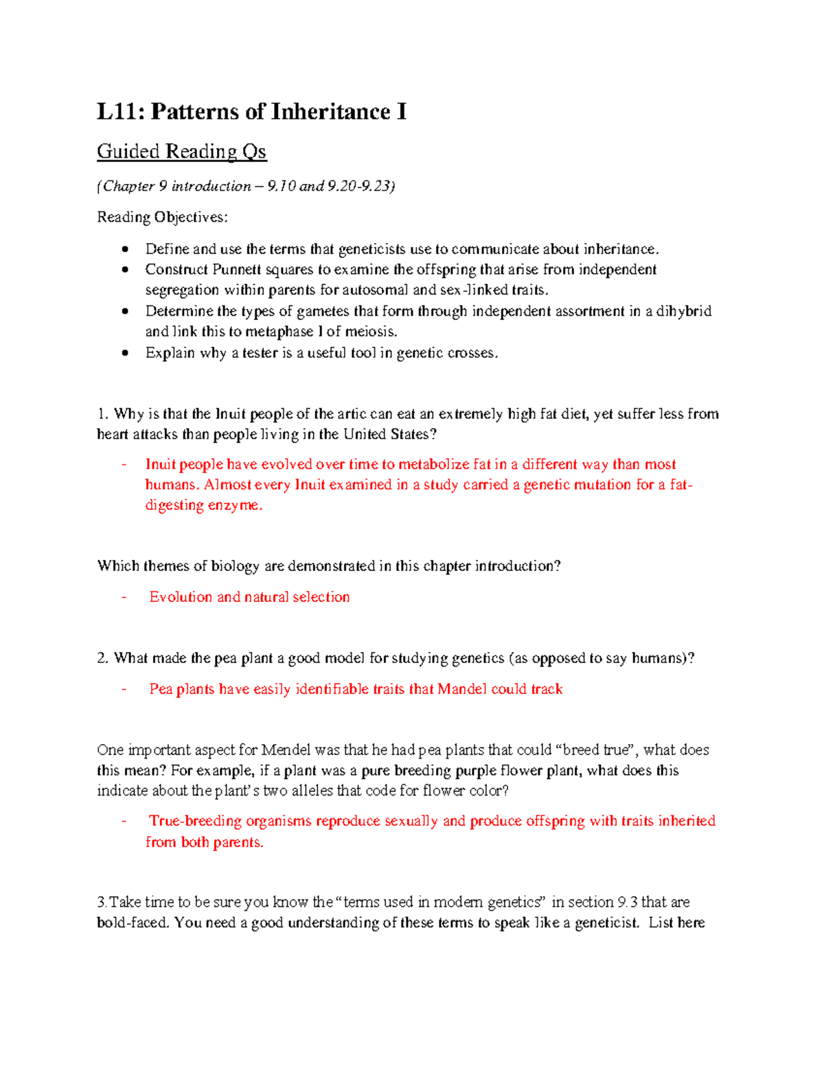 Bio guided reading 11 - L11: Patterns of Inheritance I Guided Reading ...