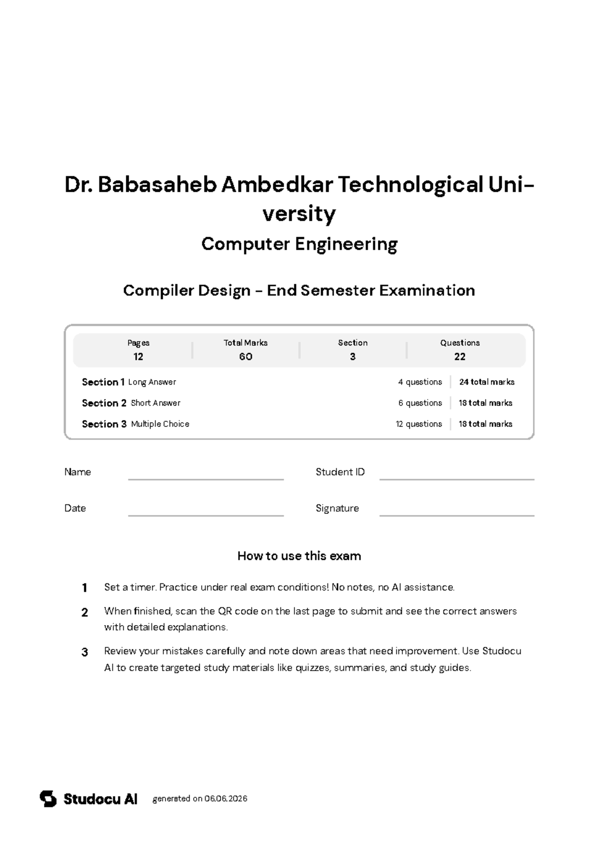 Compiler Design - End Semester Examination - Studocu
