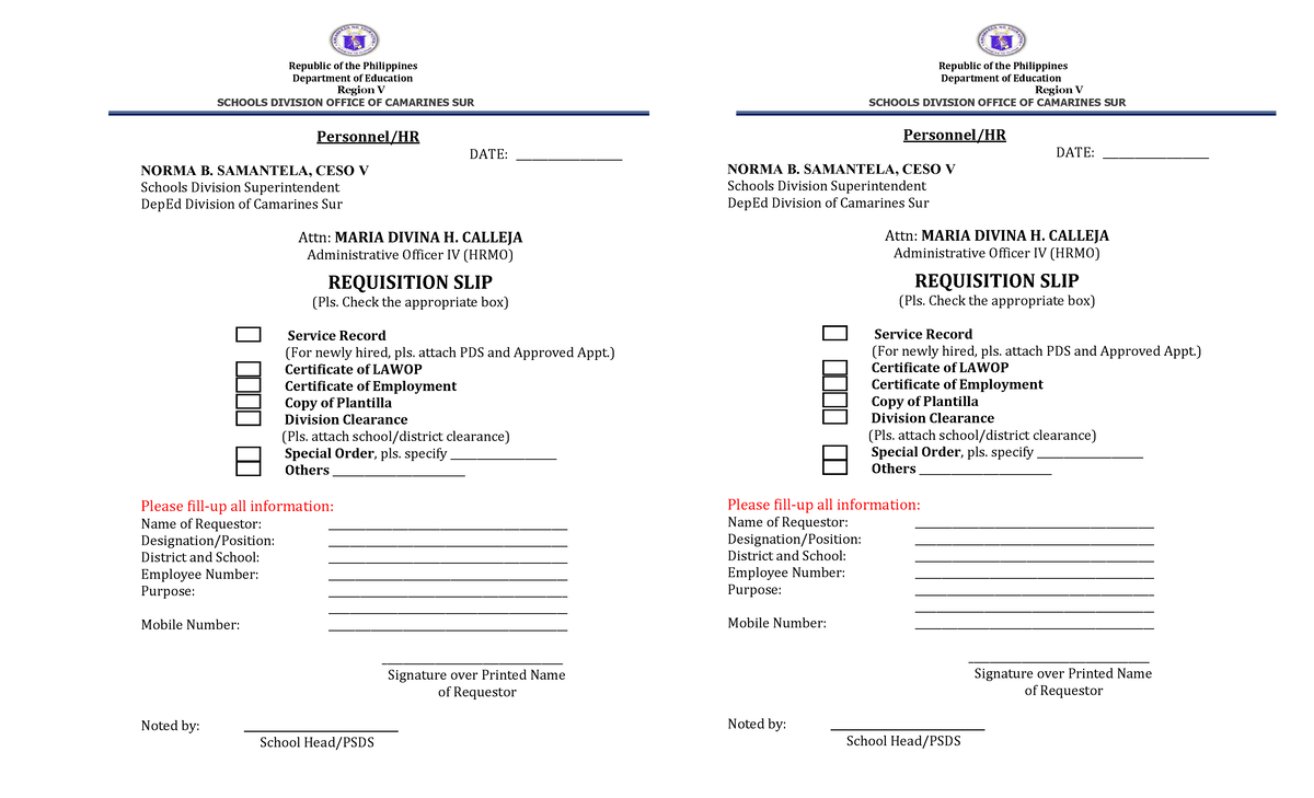 Requisition Slip Sample Form - DepEd Camarines Sur - Studocu
