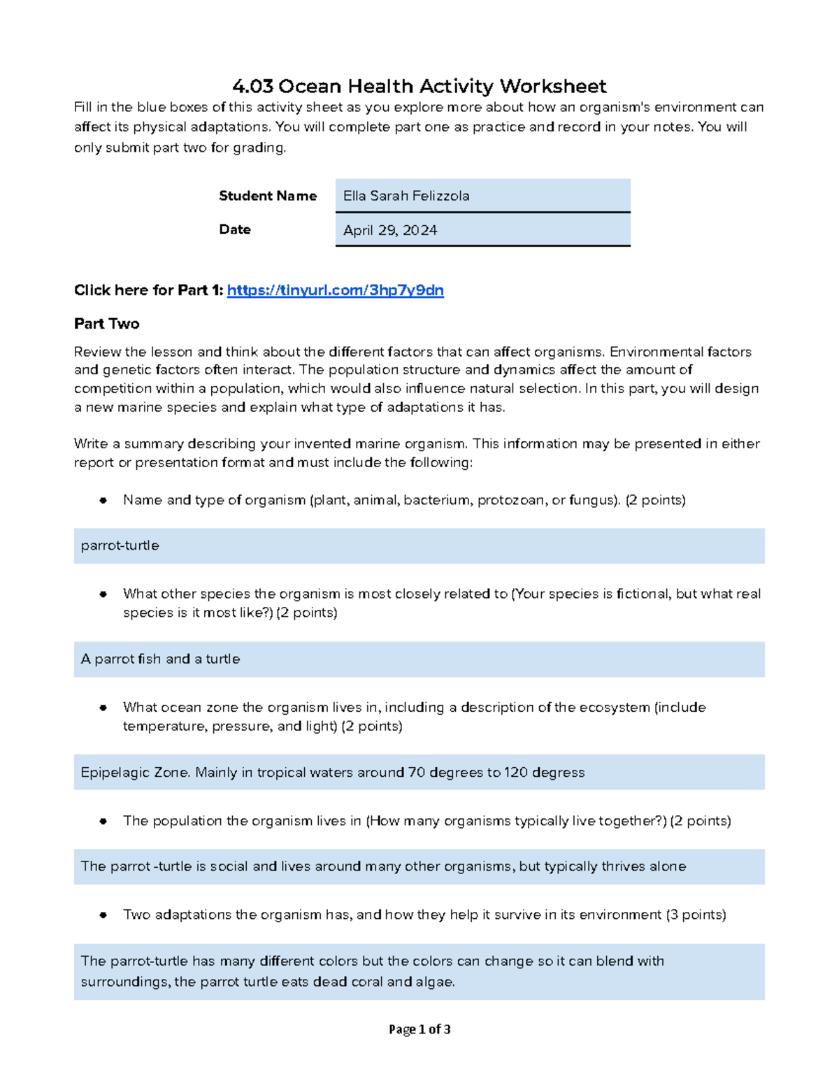 4.03 Ocean Health Activity Worksheet - Marine Organism Design ...