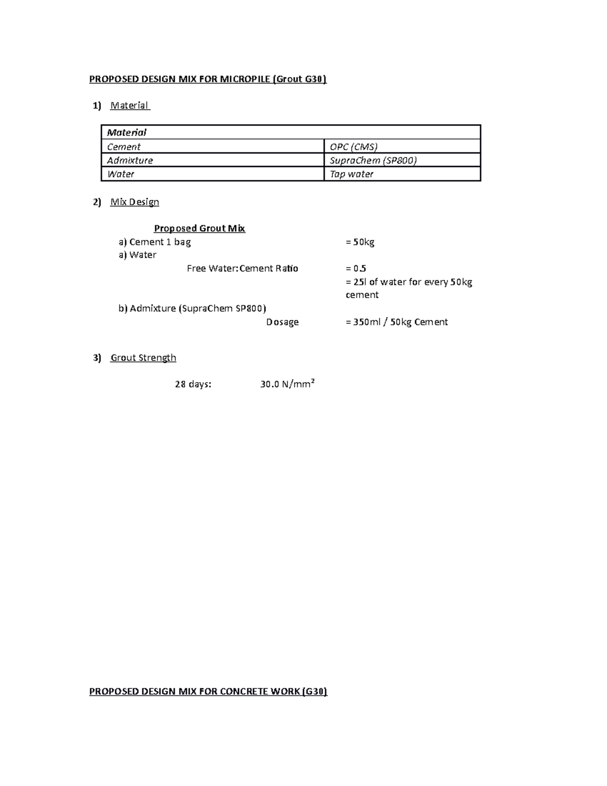 Proposed Grout & Concrete Design Mix (G30, G15) for Construction - Studocu