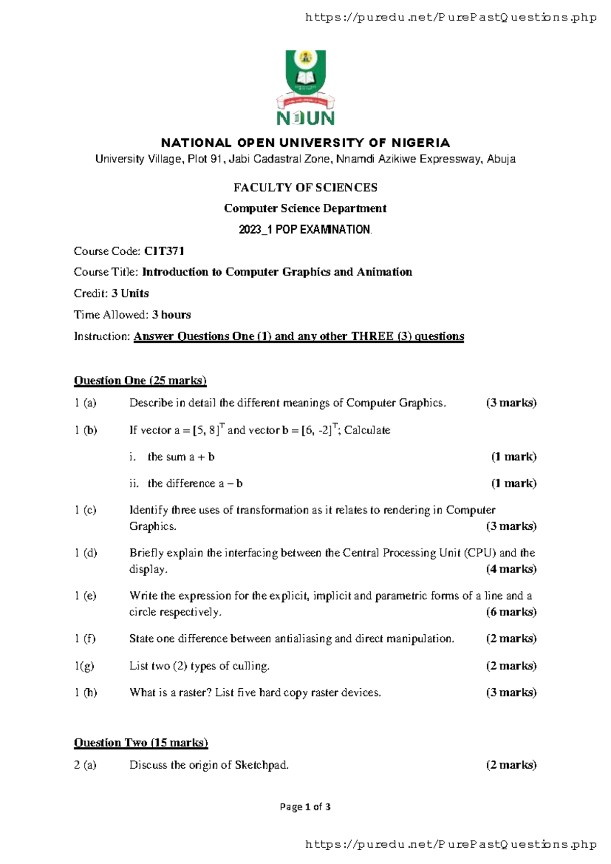 CIT371 2023_1 - Introduction to Computer Graphics Past Exam Questions ...