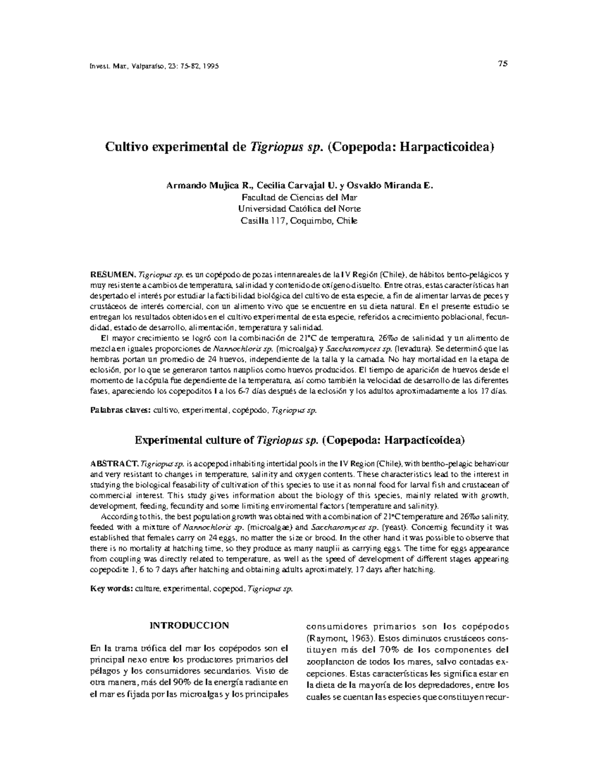 Cultivo Experimental de Tigriopus sp. (Copepoda: Harpacticoidea) - 1995 ...